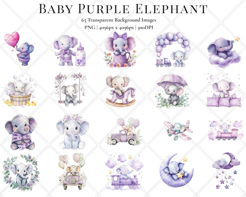 Purple Elephant Baby Shower Clipart Bundle, Watercolor Nursery Art (65 ...