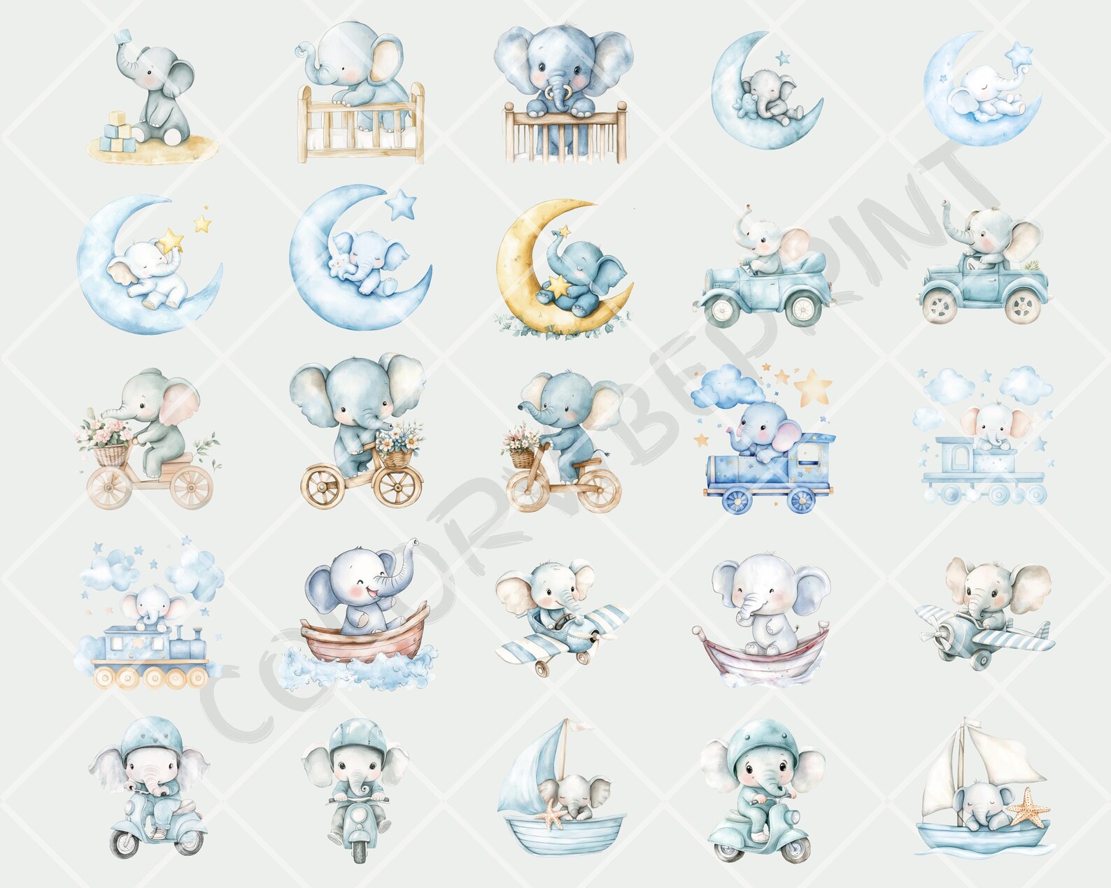Watercolor Blue Elephant Baby Shower Clipart Bundle, Cute Baby Boy ...