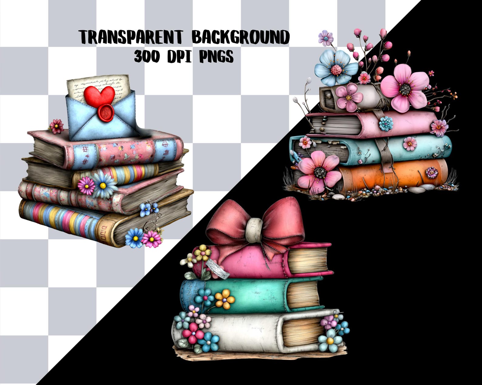 Whimsical Books Clipart Bundle, Spring Book Stack, Watercolor Colorful ...