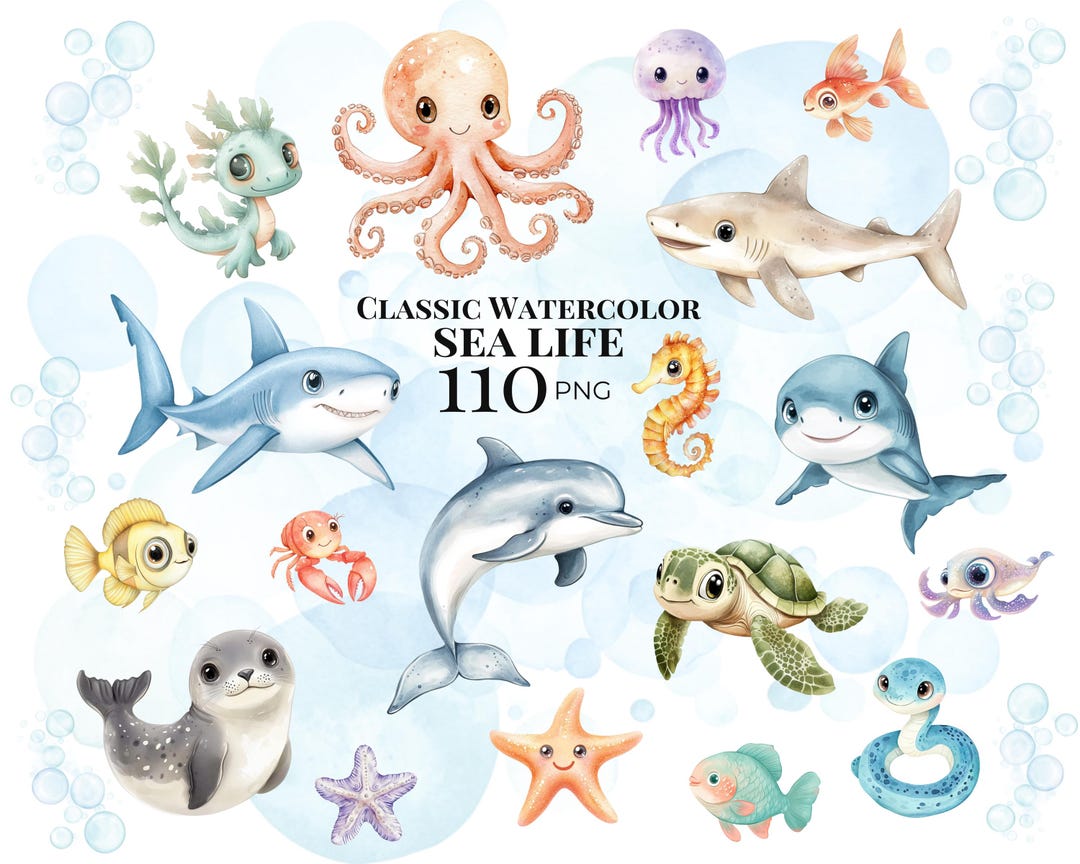 Classic Watercolor Sea Life Clipart PNG, Ocean Animals Bundle 110 PNG ...