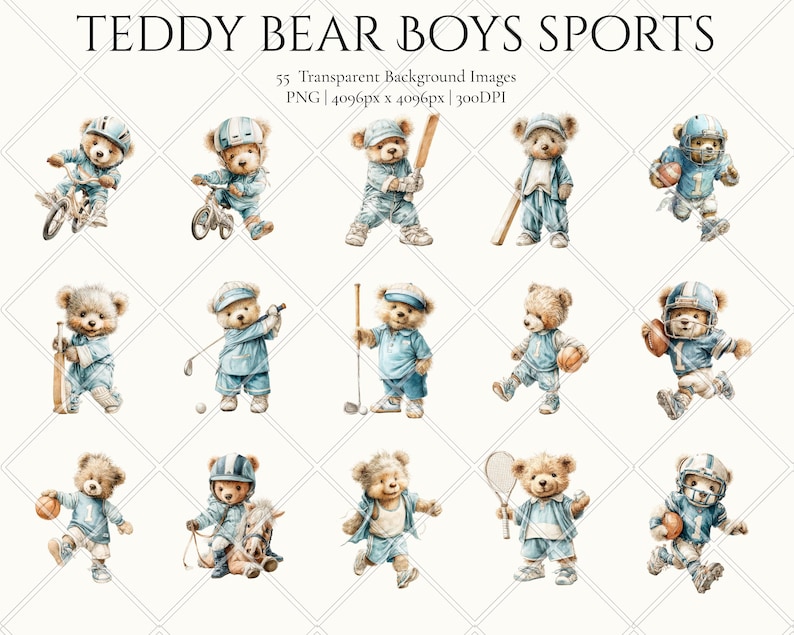 Teddy Bear Sports Clipart Bundle, Blue Nursery Printable Decor ...