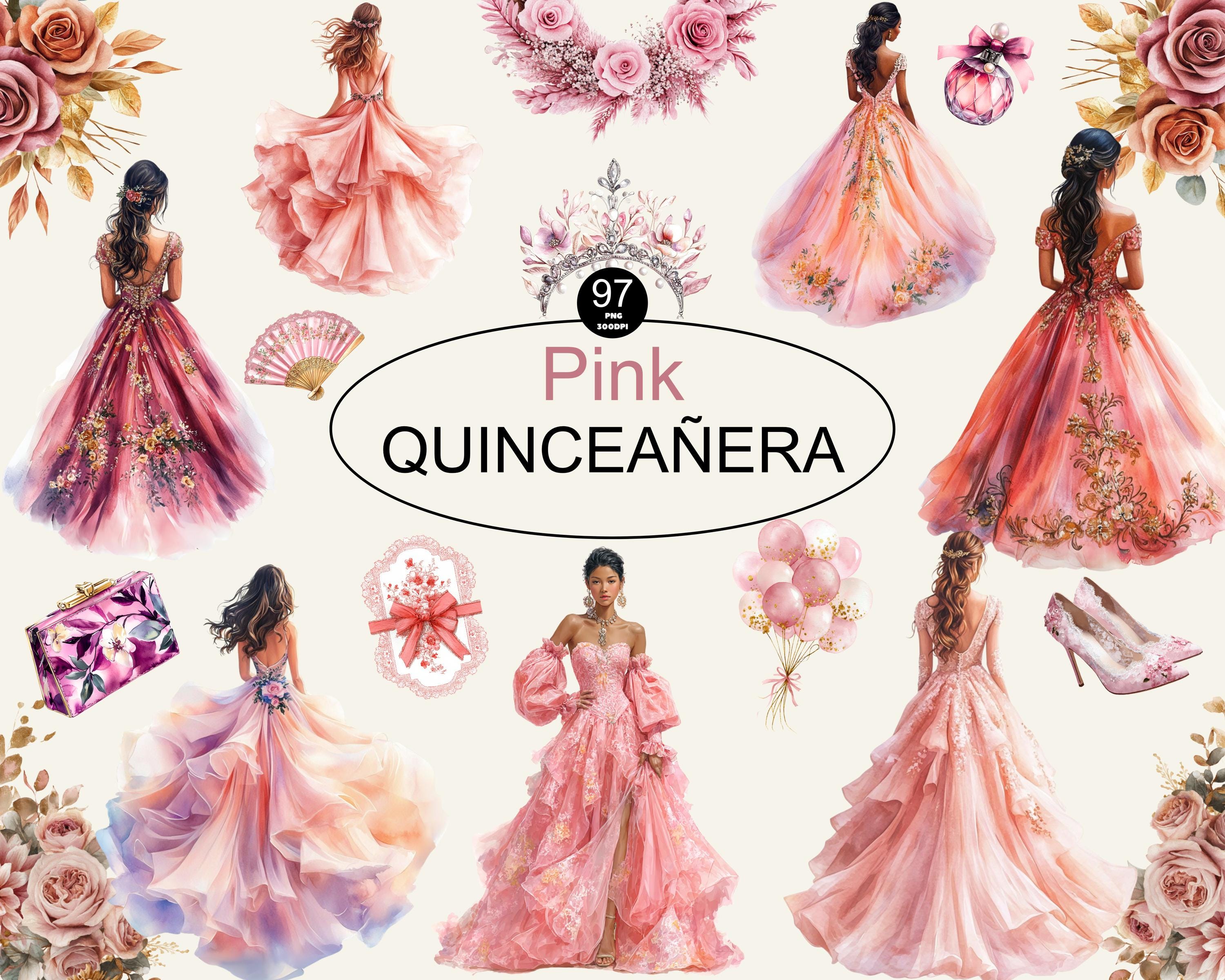 Watercolor Pink Quinceanera Clip Arts, Wedding Prom Dresses, DIY ...