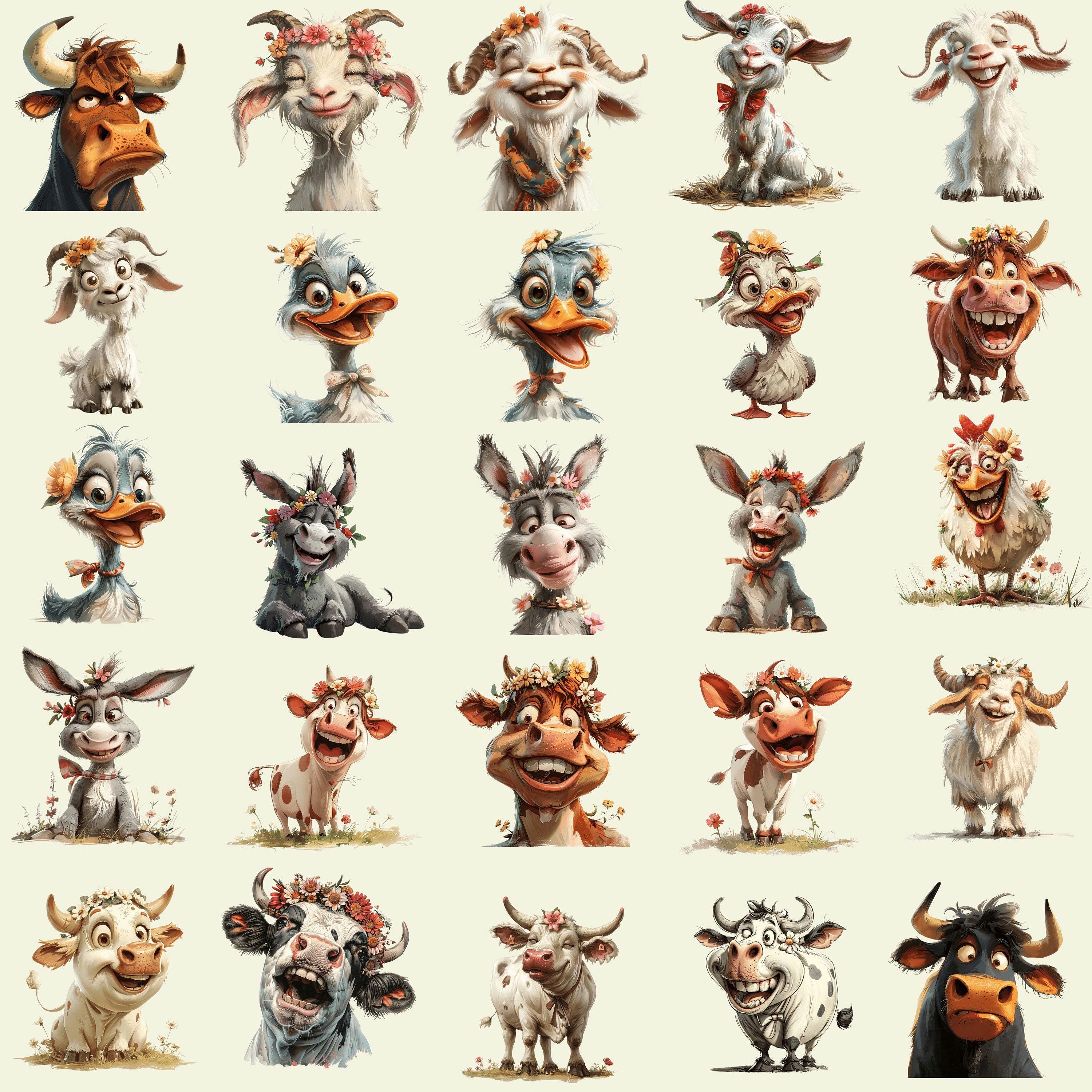 Cute and Funny Farm Animals Clipart PNG Bundle - 78 PNG Cow, Goat, Pig ...