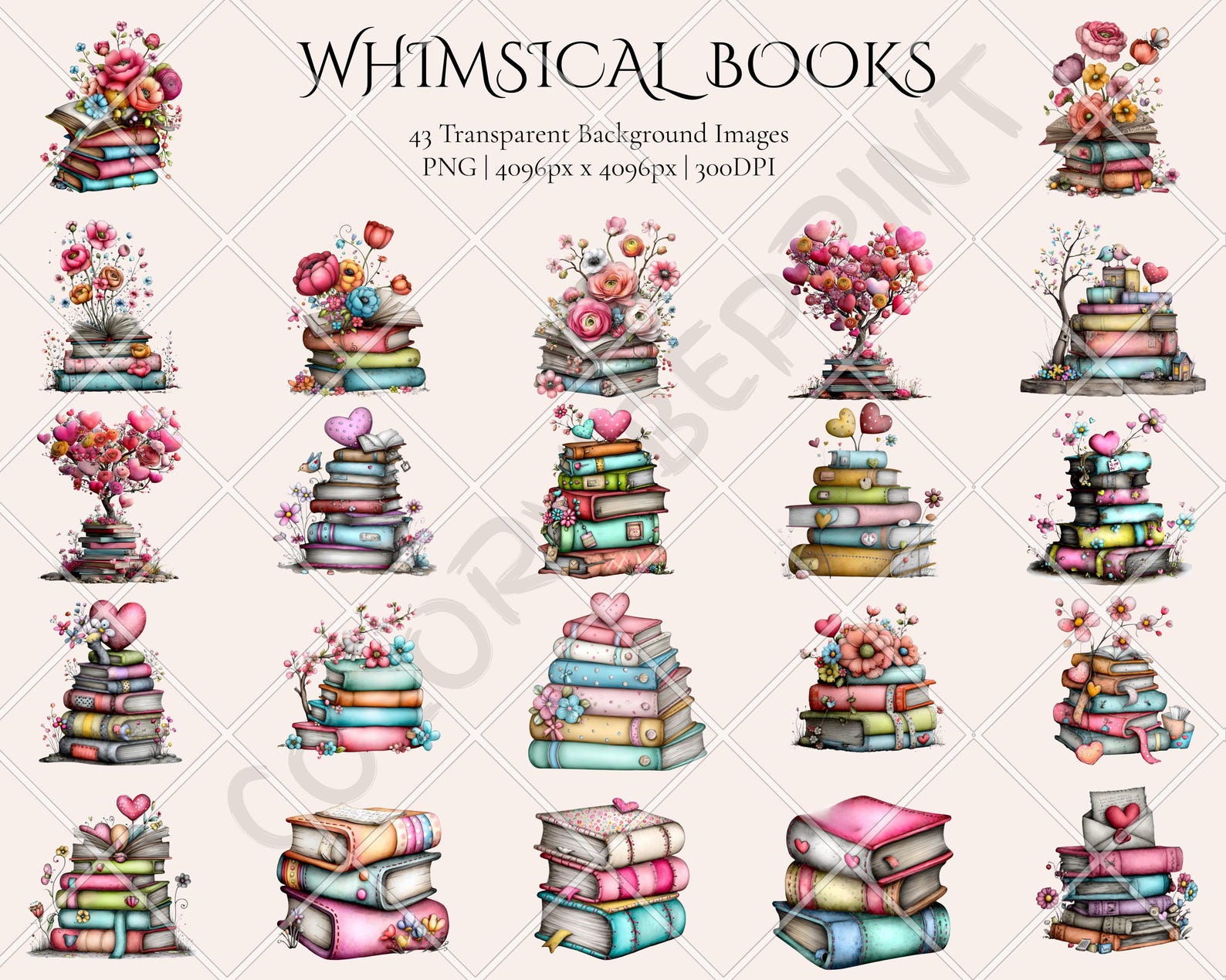Whimsical Books Clipart Bundle, Spring Book Stack, Watercolor Colorful ...