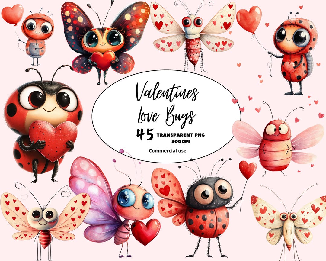Cute Valentine's Day Lovely Bugs Clipart Bundle, Ladybug Moth Butterfly ...