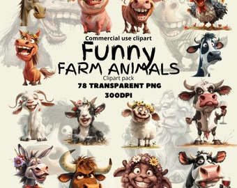 Cute and Funny Farm Animals Clipart PNG Bundle 46 Watercolor Cow, Goat ...