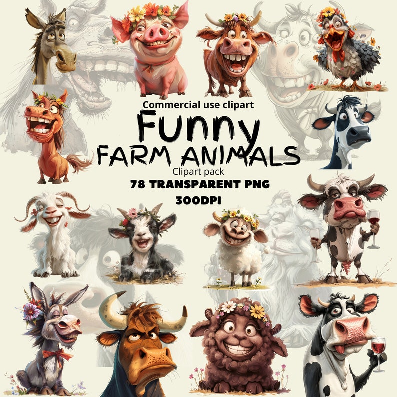 Cute and Funny Farm Animals Clipart PNG Bundle - 78 PNG Cow, Goat, Pig ...