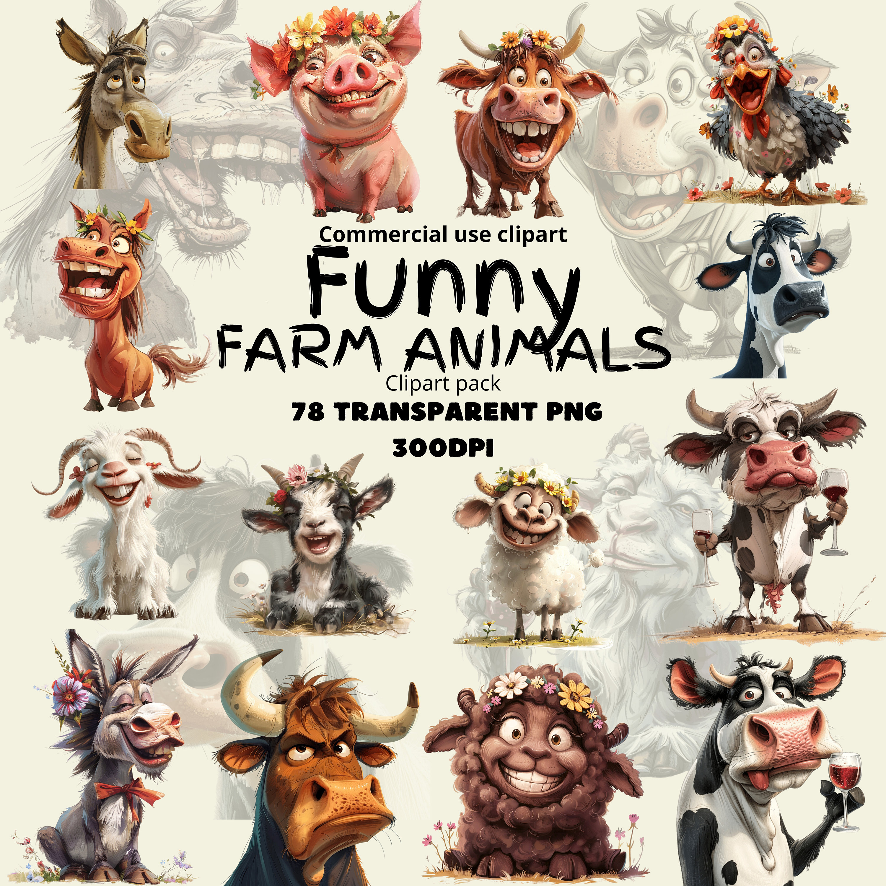 Cute and Funny Farm Animals Clipart PNG Bundle - 78 PNG Cow, Goat, Pig ...