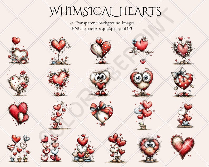 Whimsical Valentine Hearts Clipart Bundle, Nursery Watercolor PNG ...
