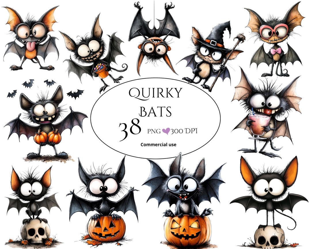 Quirky Halloween Bats Funny Clipart Bundle, Quirky Spooky Bats, Cute ...