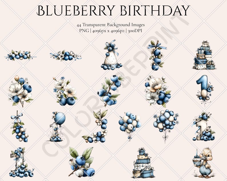 Blueberry Birst Birthday Clipart Bundle, Sweet Watercolor PNG, Charming ...