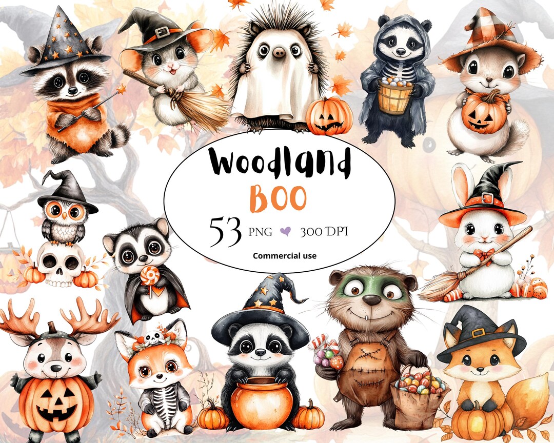 Woodland Halloween Animals Clipart, Watercolor Spooky Forest (PNG ...