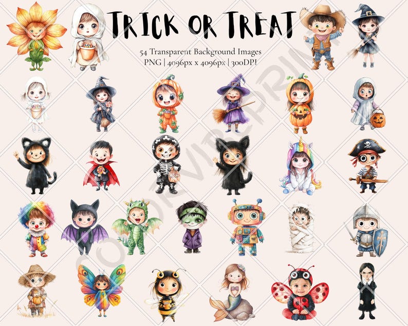 Cute Halloween Clipart Set, Kids in Halloween Costumes, Trick or Treat ...