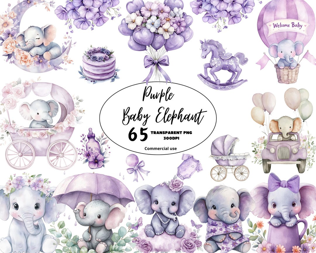 Purple Elephant Baby Shower Clipart PNG, Violet Watercolor Cute Baby ...