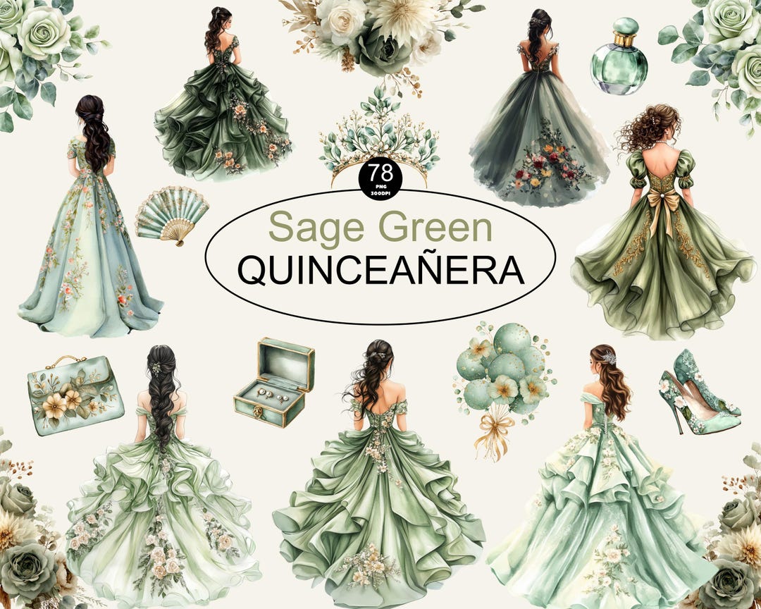 Watercolor Sage Green Quinceanera Clip Arts, Wedding Prom Dresses, DIY ...