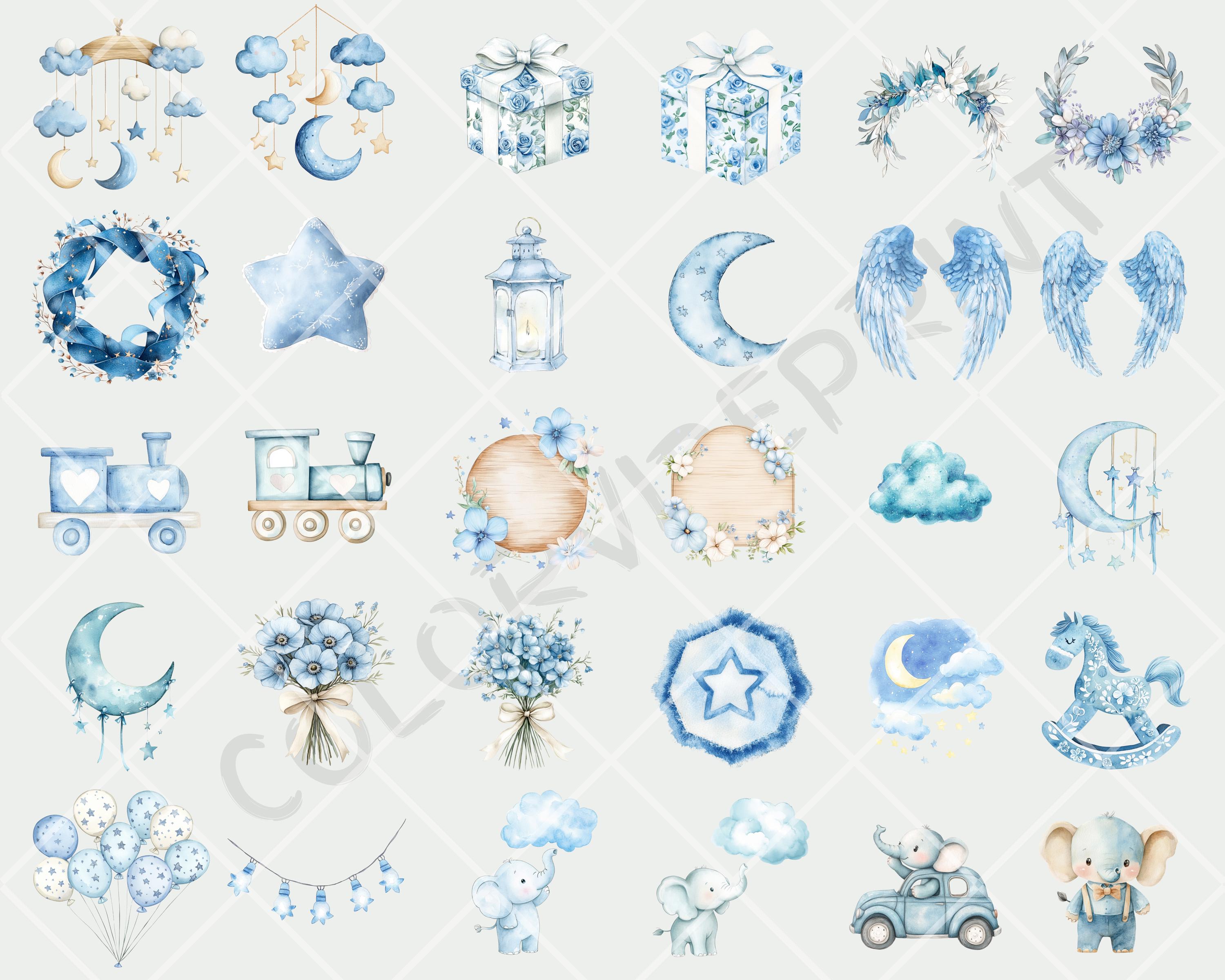 Watercolor Blue Elephant Baby Shower Clipart Bundle, Cute Baby Boy ...