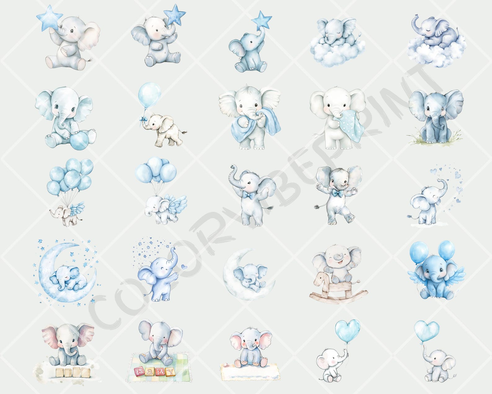Watercolor Blue Elephant Baby Shower Clipart Bundle, Cute Baby Boy ...
