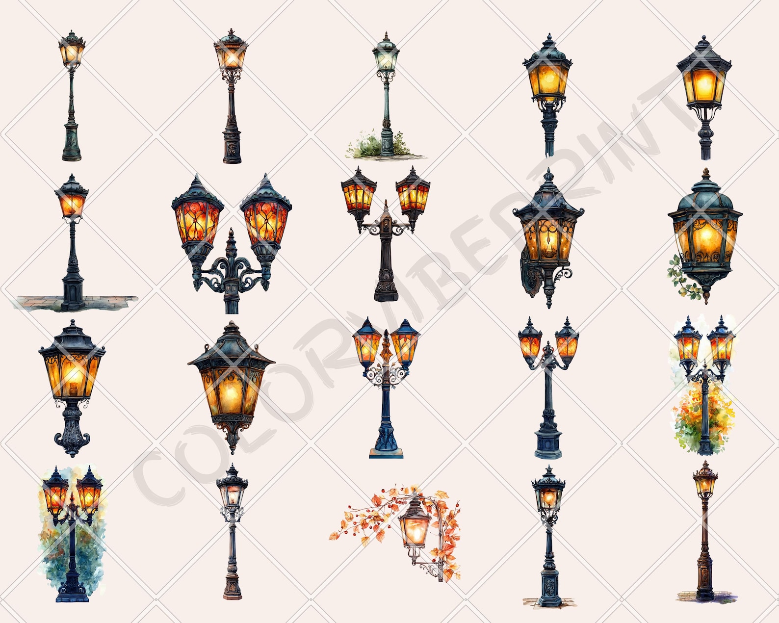 Watercolor Victorian Sreet Lamp Post Clipart Bundle, Vintage Lamp PNG ...