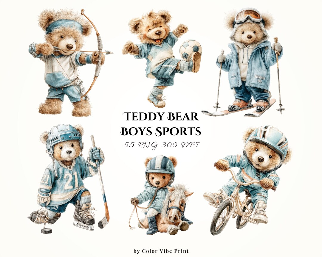 Teddy Bear Sports Clipart Bundle, Blue Nursery Printable Decor ...