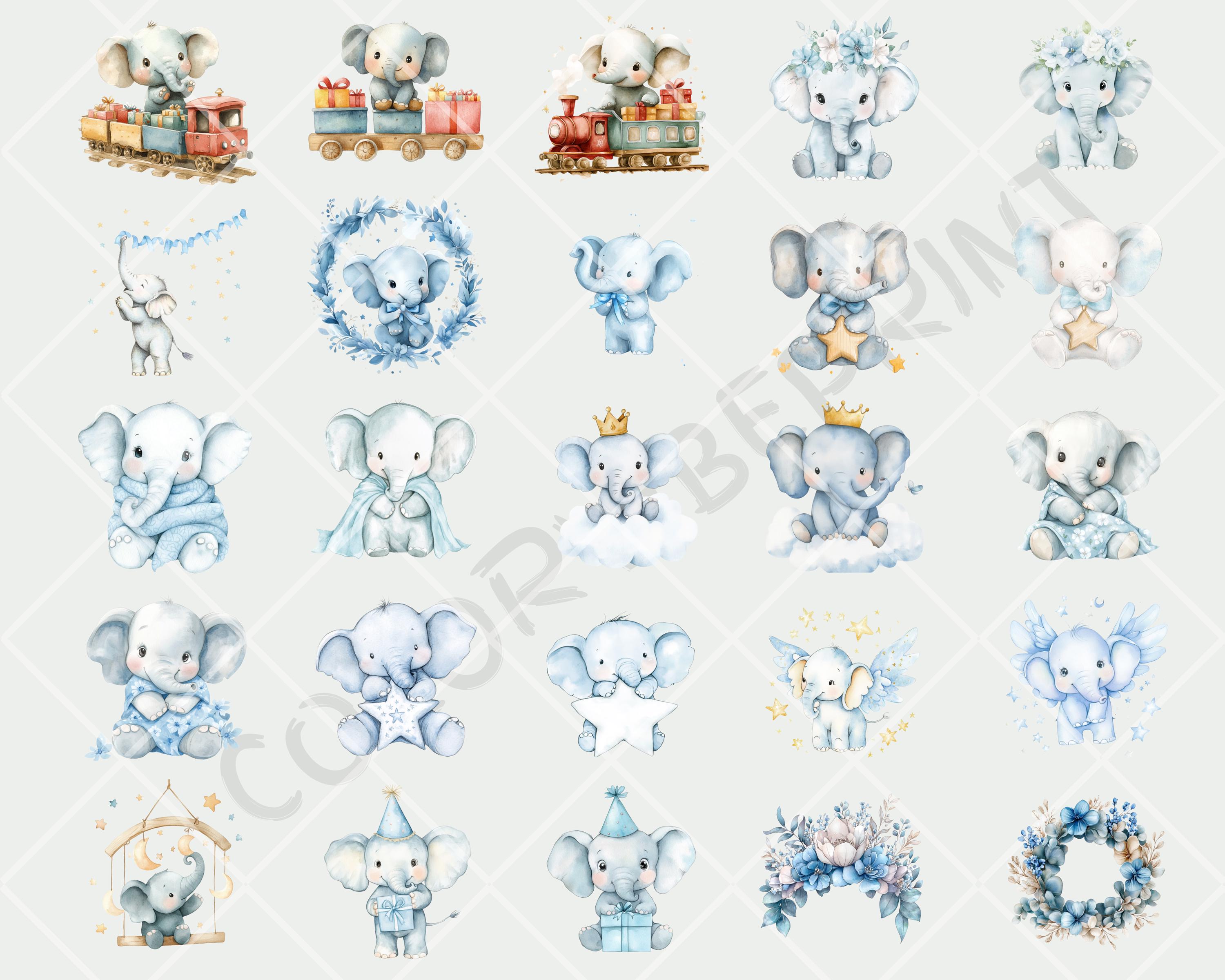 Watercolor Blue Elephant Baby Shower Clipart Bundle, Cute Baby Boy ...