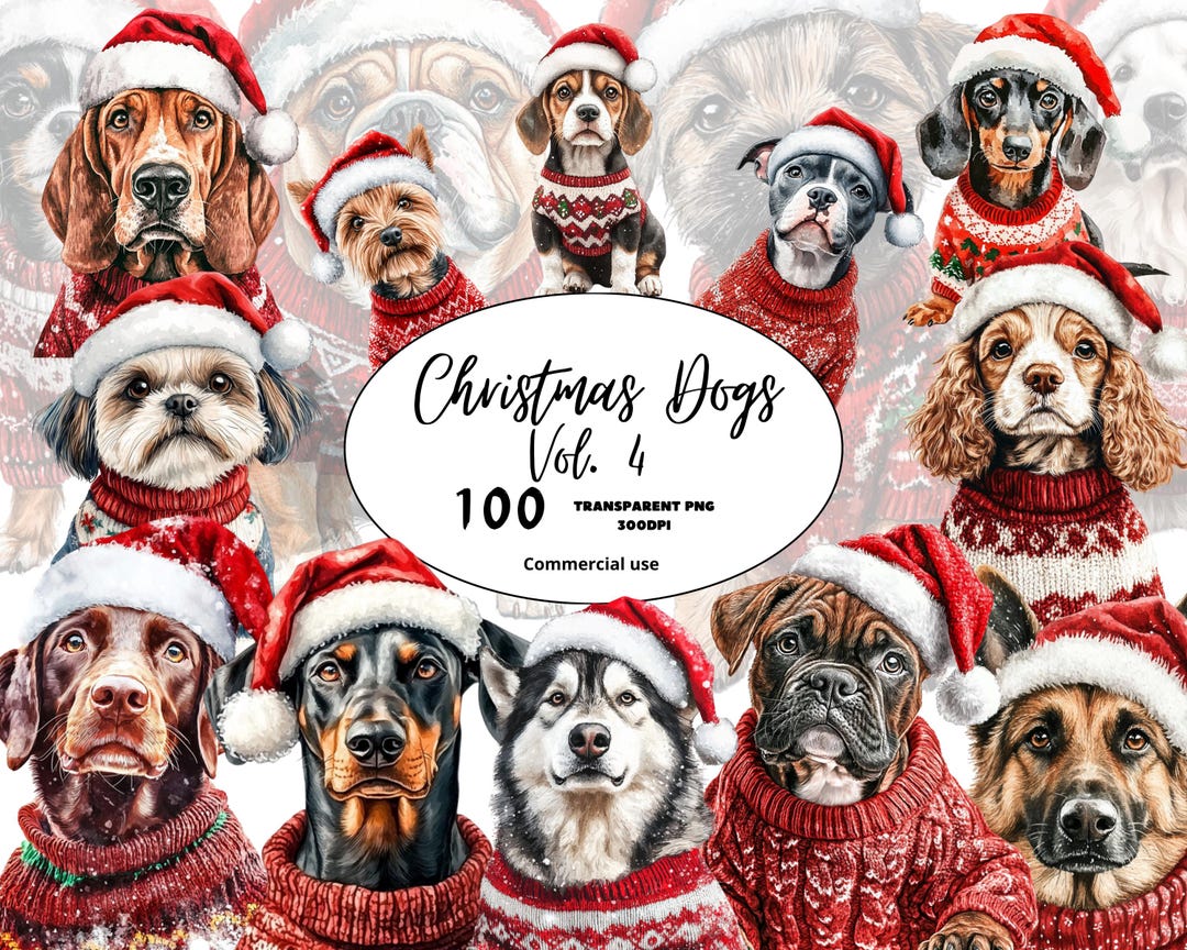 Watercolor Christmas Dogs Breeds Clipart Bundle 100 Dog PNG Images ...