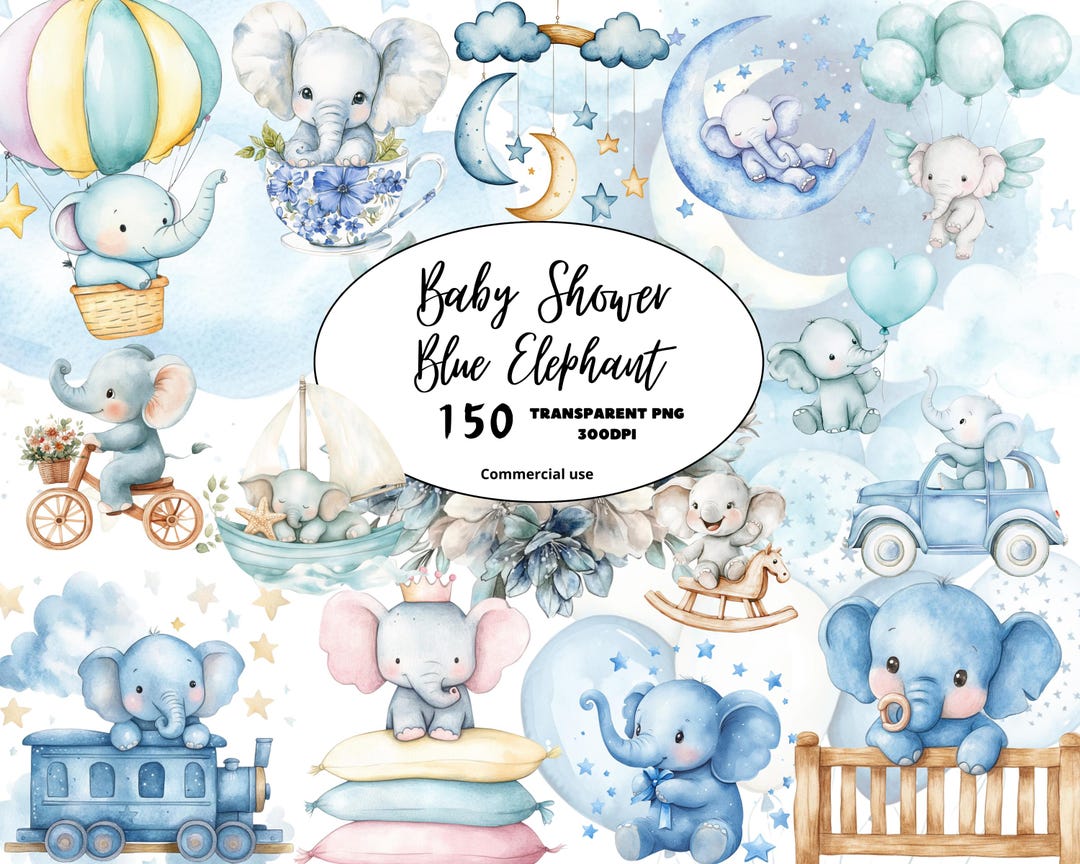Blue Elephant Baby Shower Clipart PNG, Cute Baby Boy Nursery Decor ...