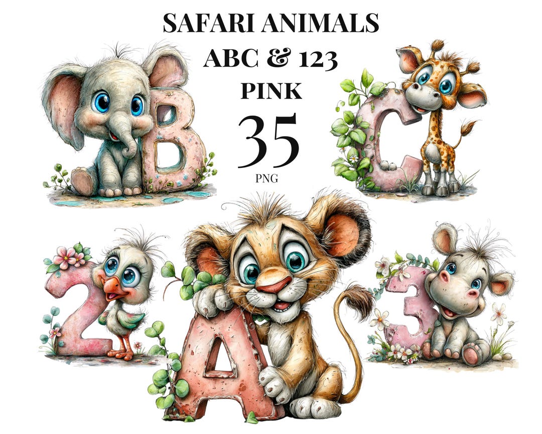 Safari Animals ABC 123 Clipart, Pink Jungle Alphabet Numbers (PNG ...