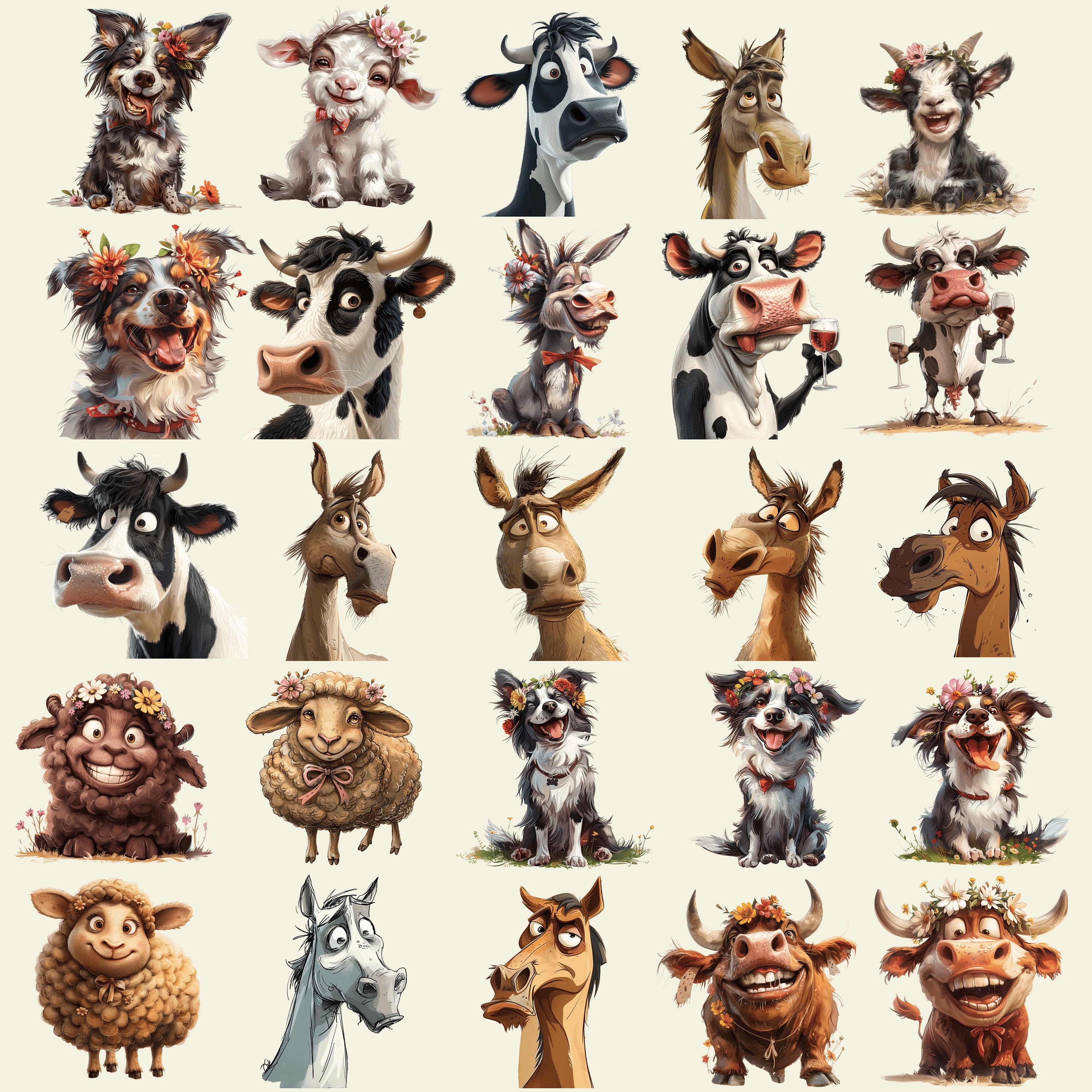 Cute and Funny Farm Animals Clipart PNG Bundle - 78 PNG Cow, Goat, Pig ...