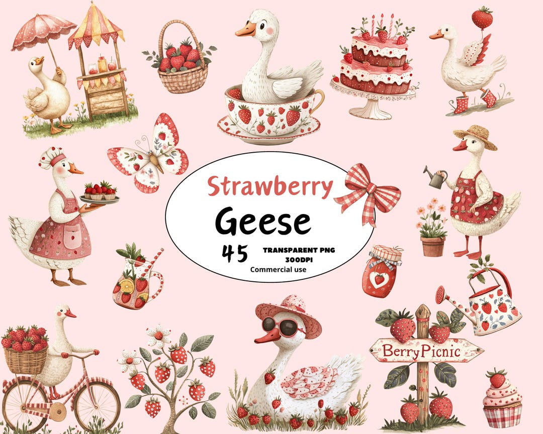 Strawberry Silly Goose Clipart PNG, Cute Geese Graphics, Spring ...