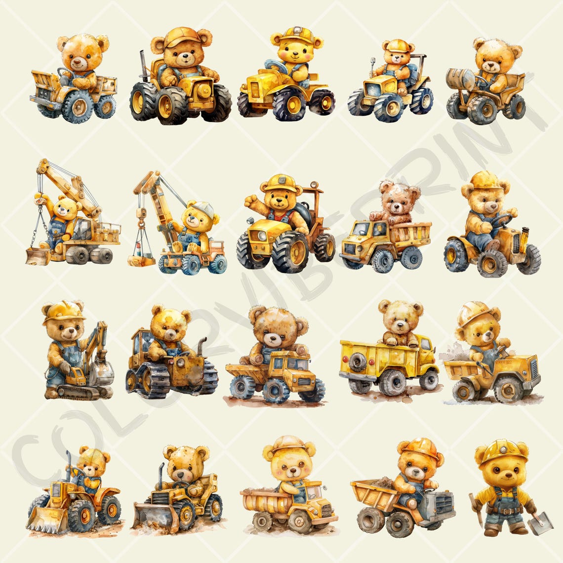 Construction Animals Clipart, Teddy Bear Watercolor, Construction Bear ...