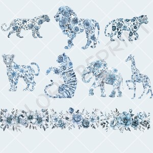 Blue Toile Safari Animals Clipart, Watercolor Jungle, French Floral ...