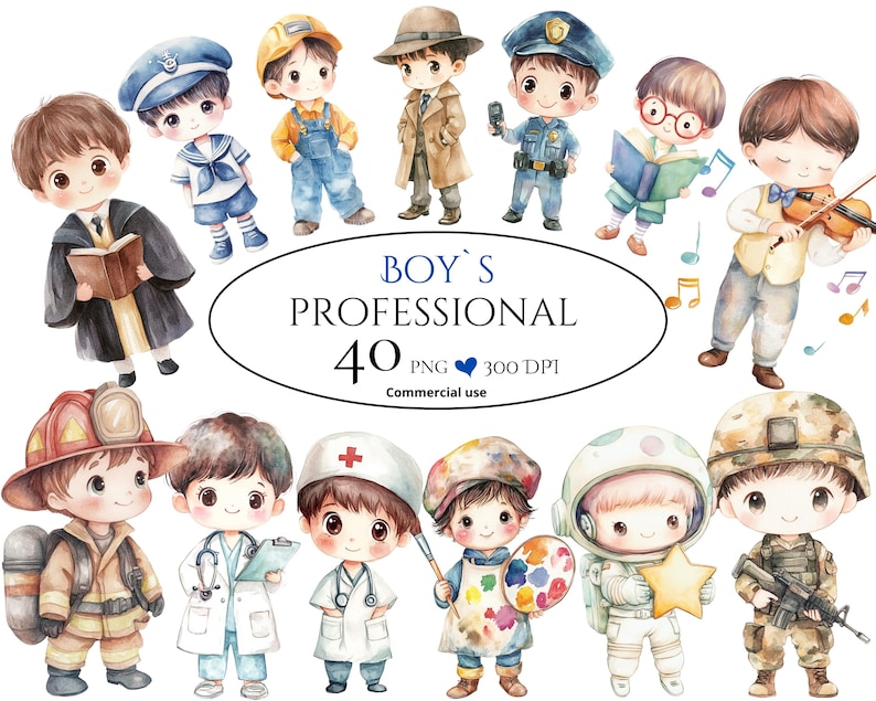 Professions Clipart Bundle, Boys Kids Graphic, Watercolor Occupations ...