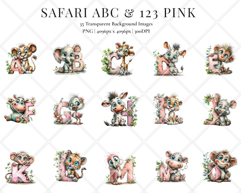 Safari Animals ABC 123 Clipart, Pink Jungle Alphabet Numbers (PNG ...