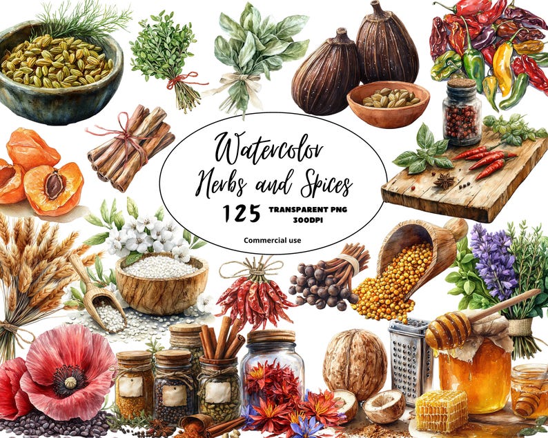 Watercolor Herbs Spices Clip Art, Bundle of 125 PNG, Natural Remedies ...