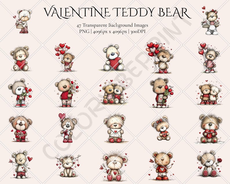 Valentines Teddy Bear Clipart Bundle, Watercolor Love Graphics, Quirky ...