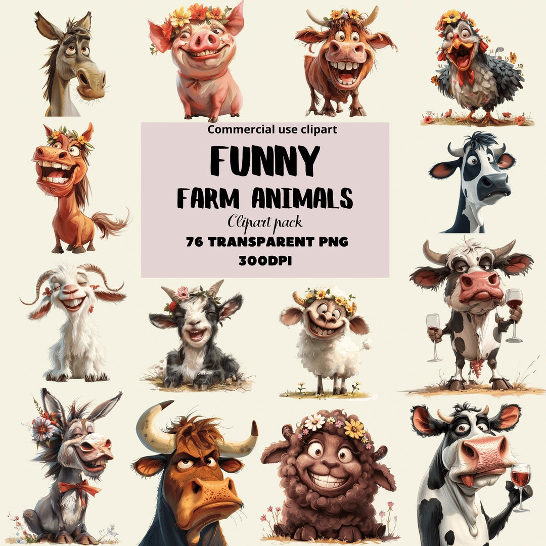 Cute and Funny Farm Animals Clipart PNG Bundle 76 PNG Cow, Goat, Pig ...