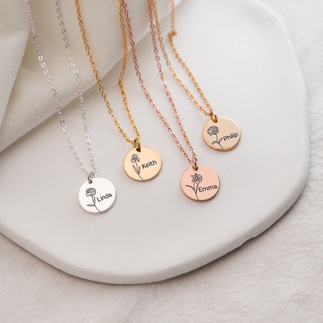 Custom Birth Flower Necklace With Name Engraved Birth Flower - Etsy