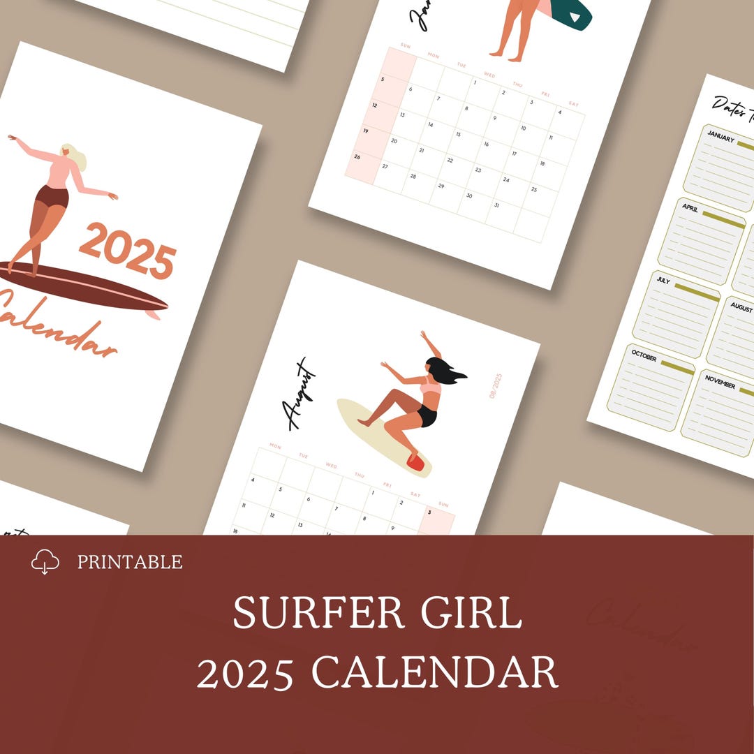 2025 Surfer Girl Printable Calendar | Monthly Planner, Beach Themes ...