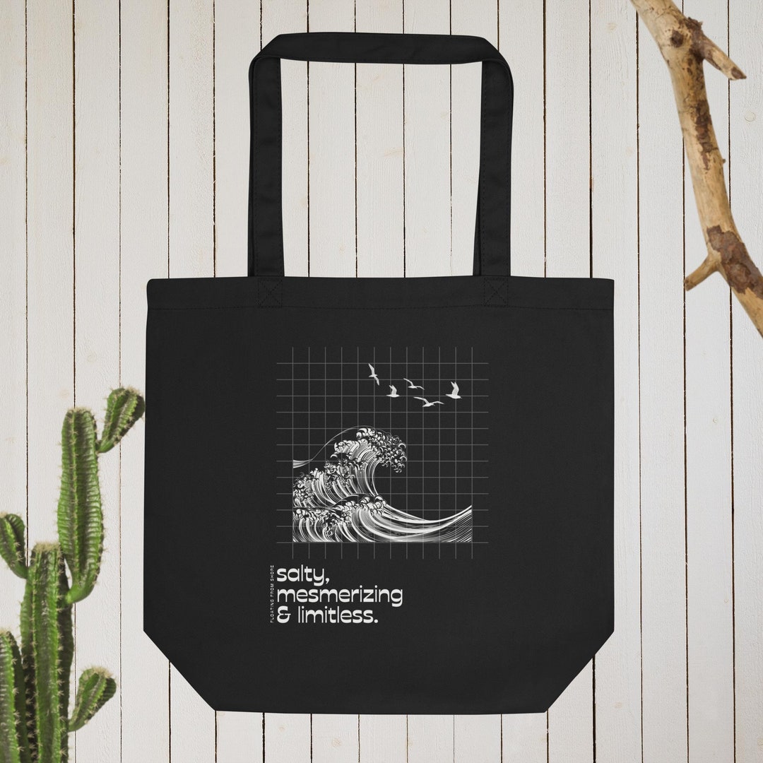 Salty Mesmerizing & Limitless Wave Eco Tote Bag, Black Tote Bag, Great Wave off Kanagawa Tote ...