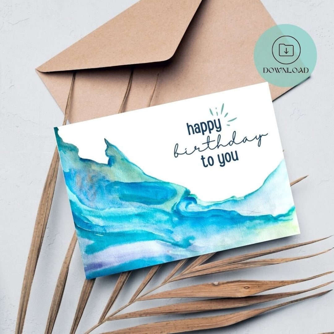 Watercolor Ocean Wave Card-happy Birthday Card-digital Download-ocean ...