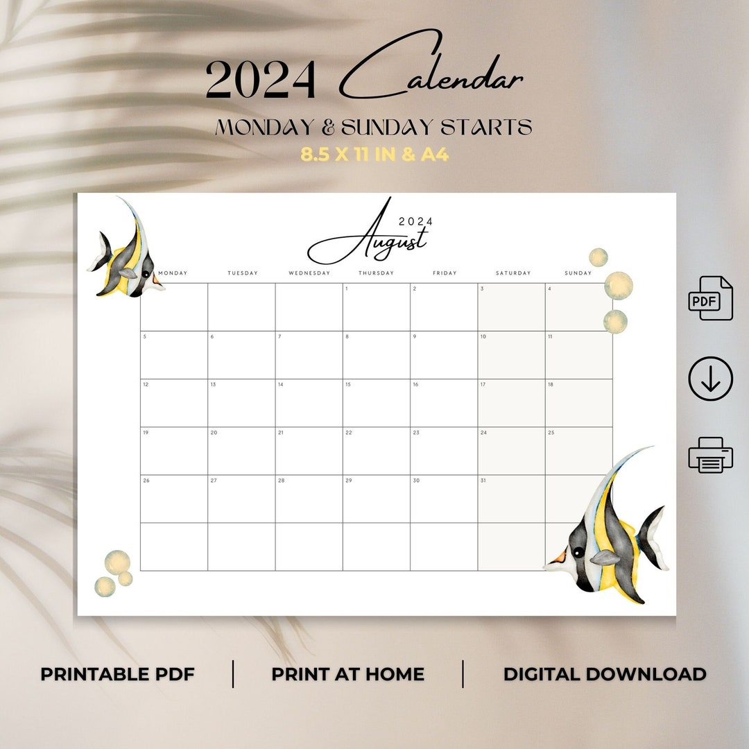 2024 Printable Ocean Calendar-2024 Monthly Calendar-minimalist Calendar ...