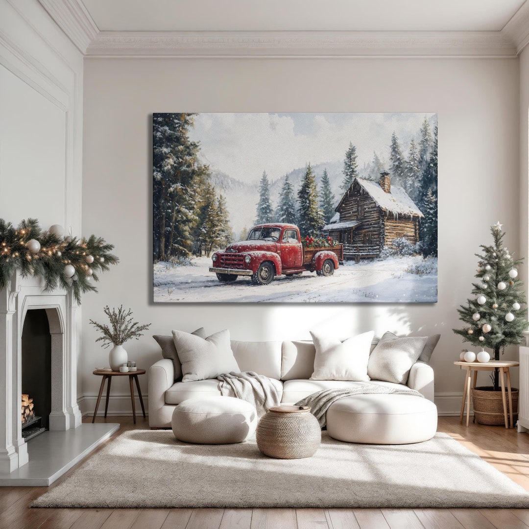 Vintage Red Christmas Truck Canvas Wall Art Rustic Winter Painting ...