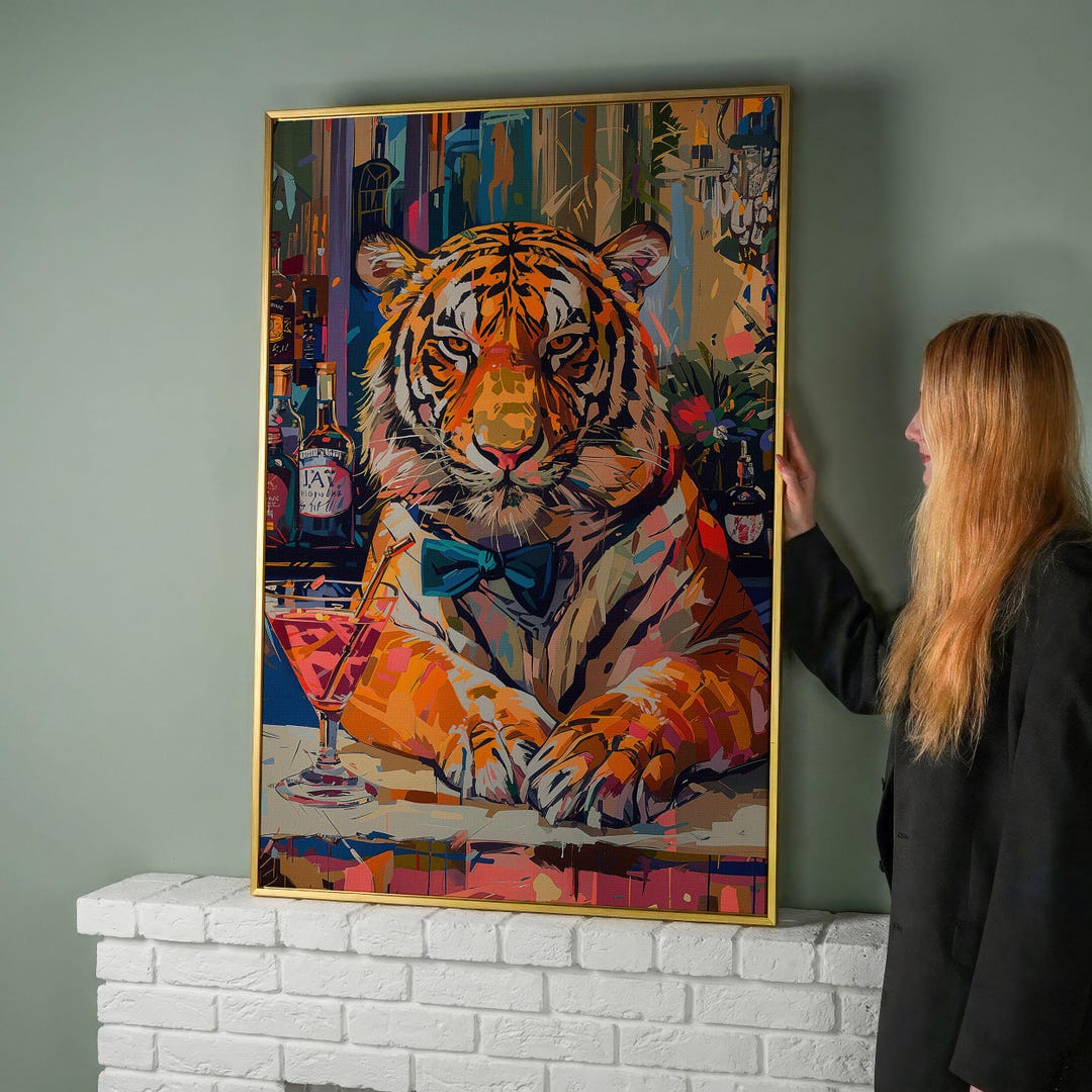 Abstract Tiger Bar Scene Canvas Print, Surreal Animal Wall Art, Ready ...