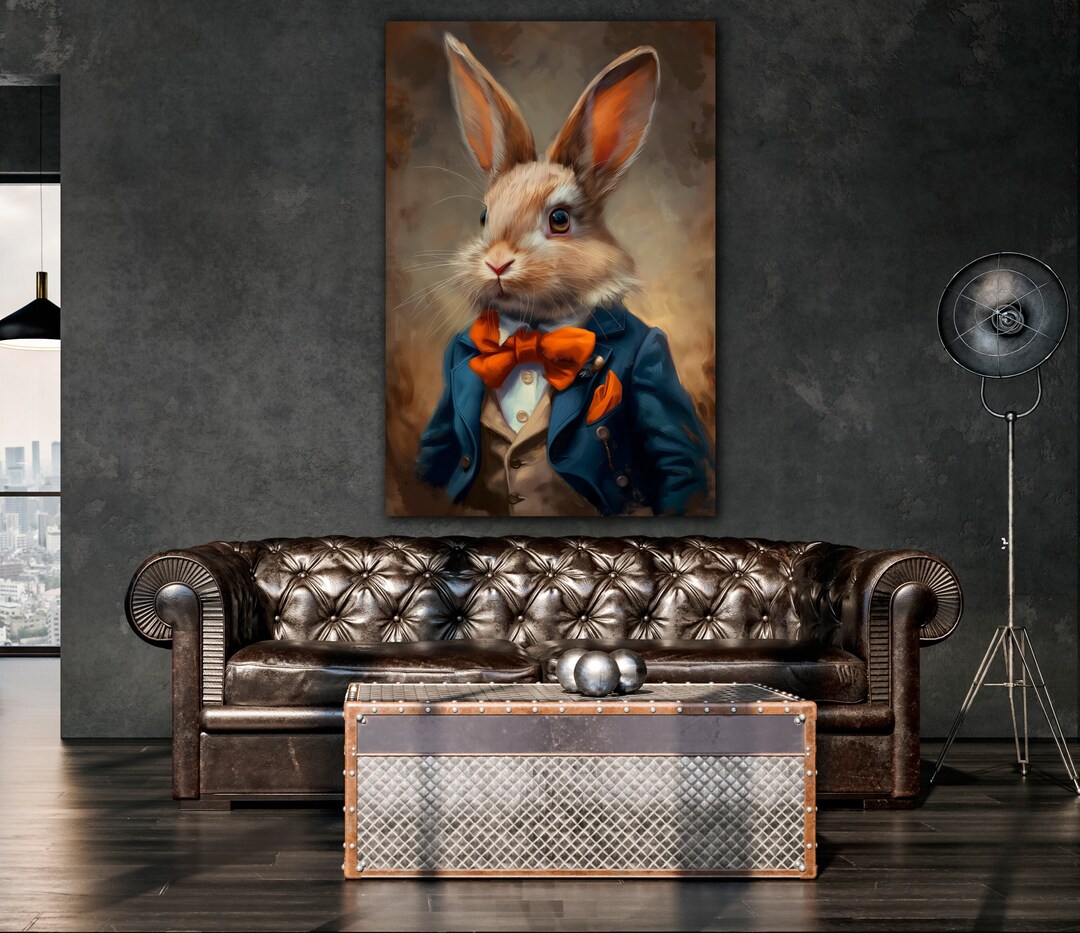 Dapper Rabbit in Bowtie Painting Print Elegant Bunny Canvas Wall Art ...