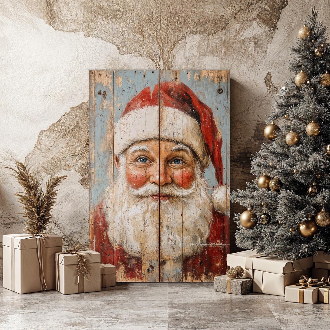 Rustic Santa Claus Portrait Canvas Wall Art Vintage Santa Painting ...