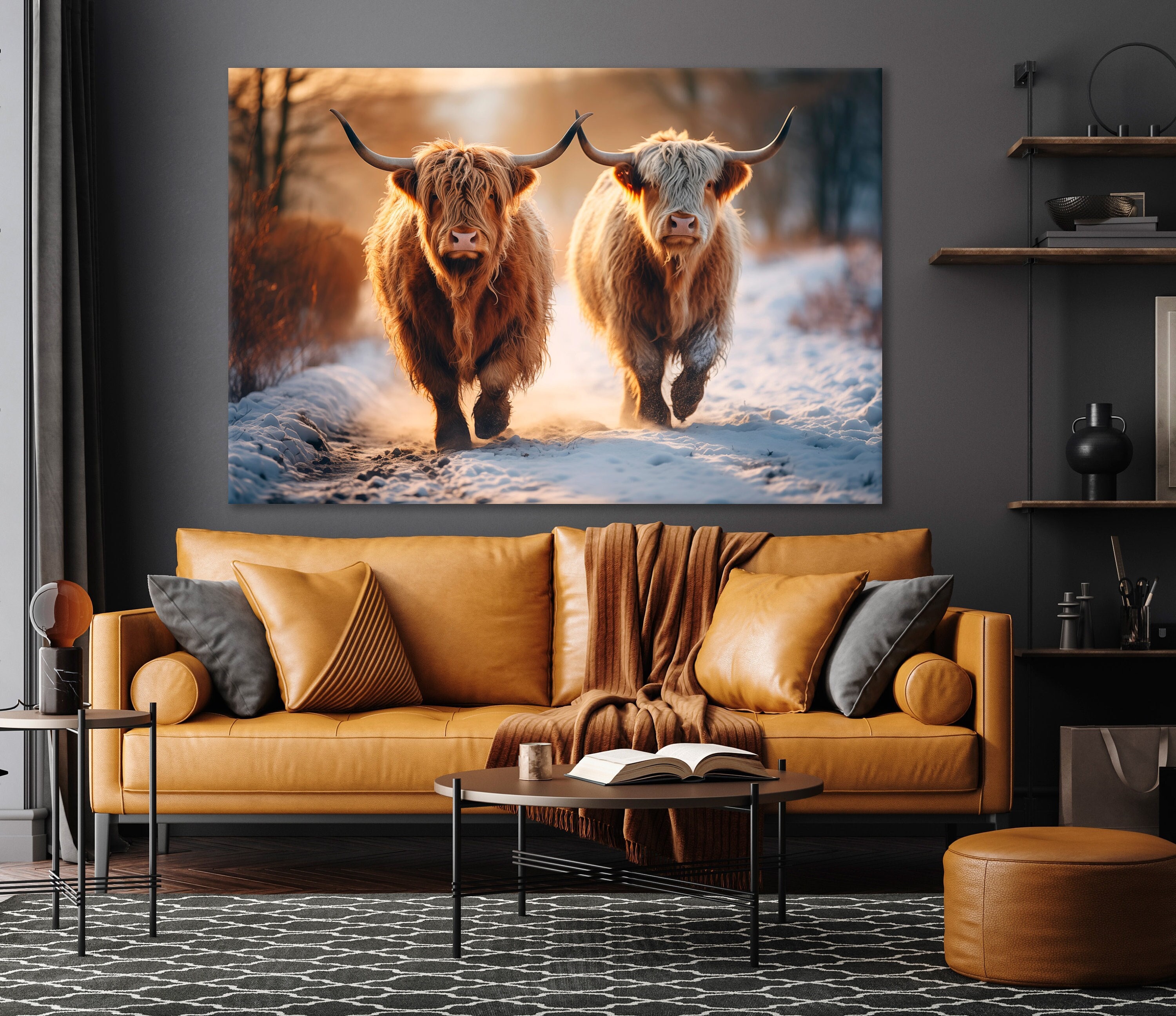 Big Horns Charming Highland Cow Large Canvas Wall Art Rustic Farm ...