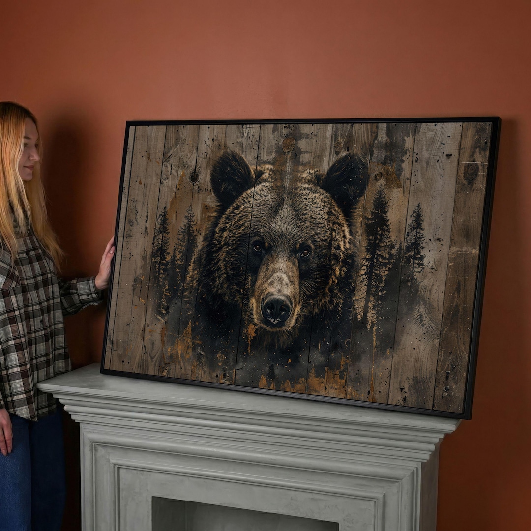 Rustic Bear Canvas Art Abstract Pine Trees Farmhouse Decor Painting ...