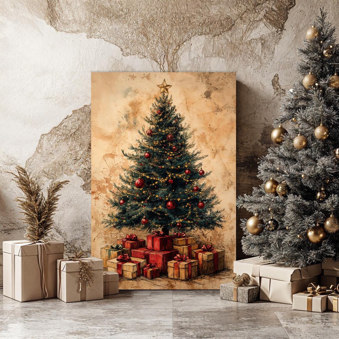 Vintage Christmas Tree and Gifts Canvas Wall Art Xmas Tree Painting ...