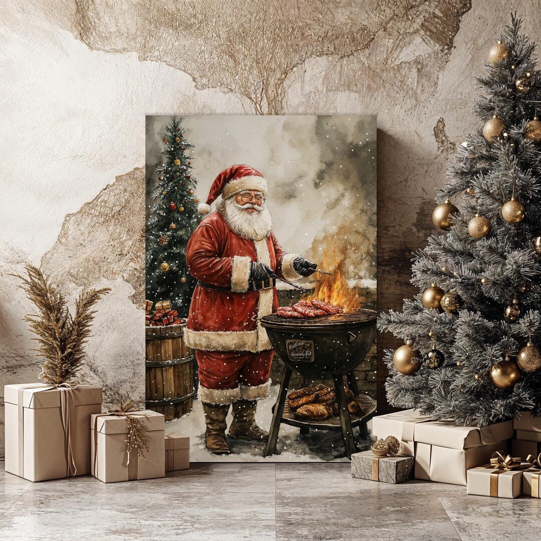 Santa Claus BBQ Canvas Wall Art Winter Barbecue Painting Print Fun ...