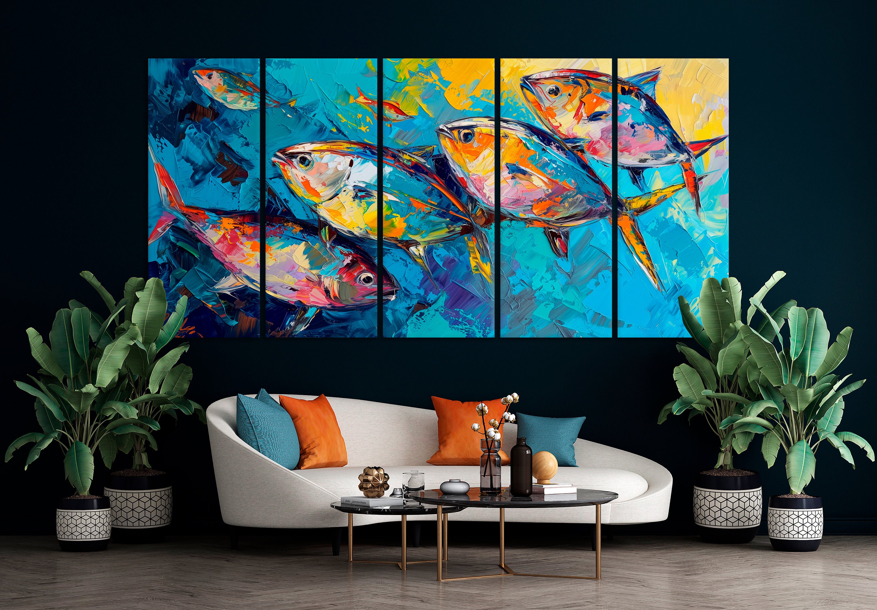 Vibrant Fish Painting Print Canvas Wall Art Abstract Colorful Ocean ...